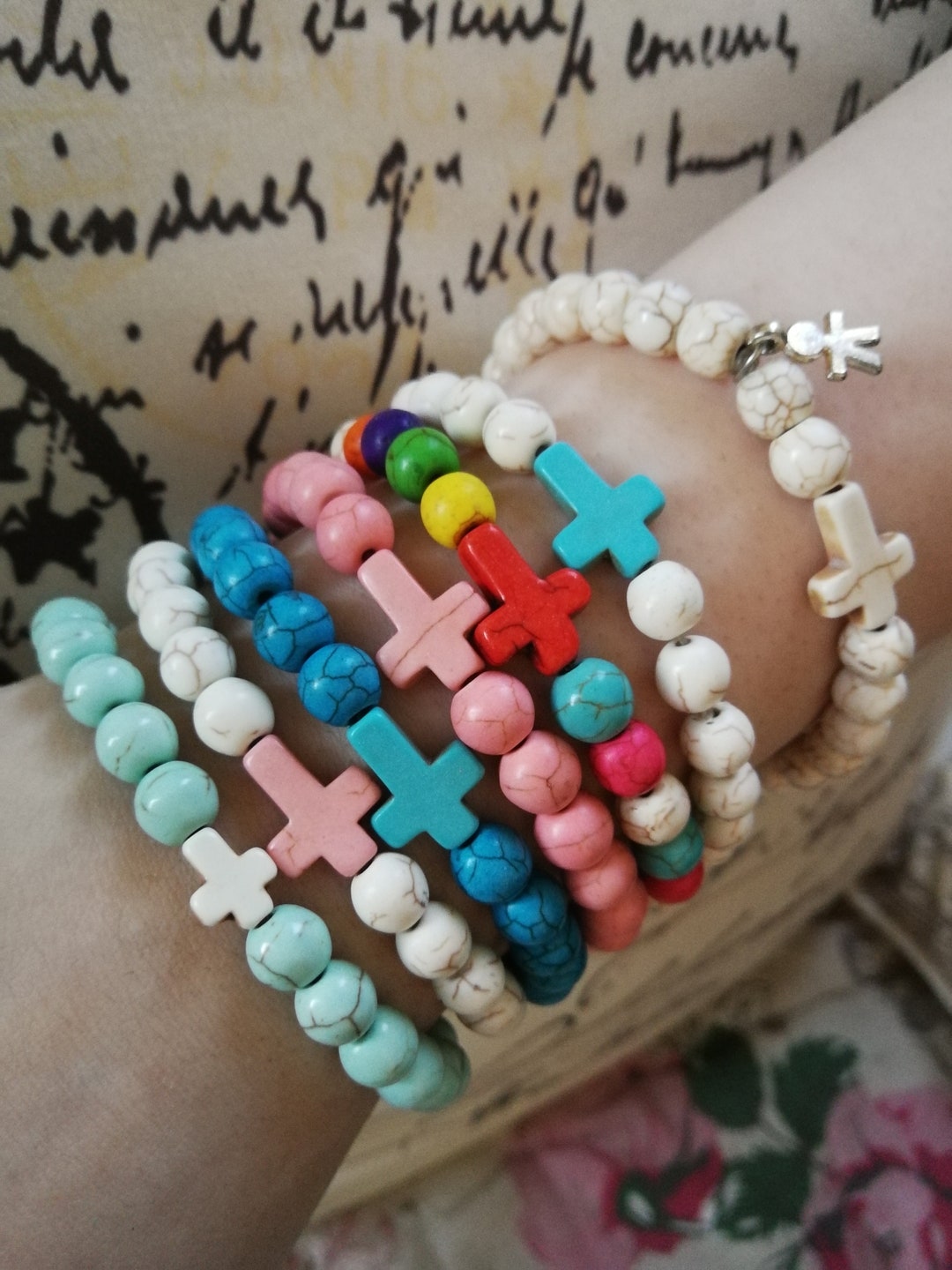 Howlite Stone Cross Bracelets 10-200 First Communion Favors Baby Girl ...