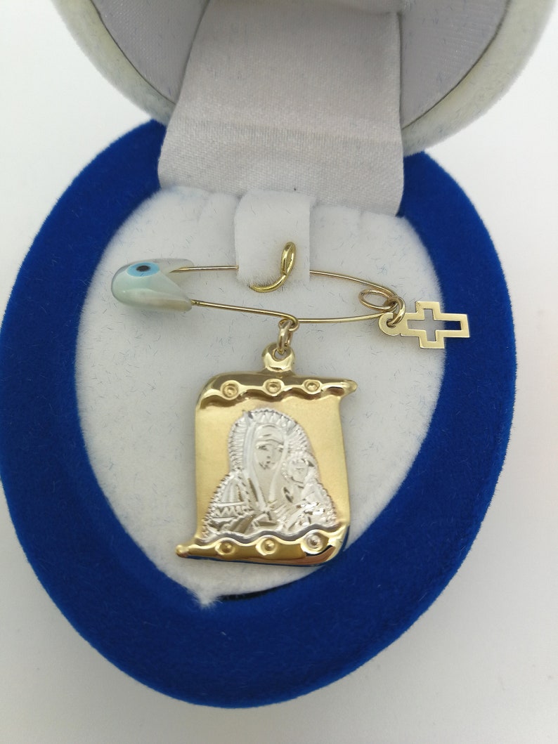 14k gold Religious safety pin cross evil eye Greek baptism | Etsy