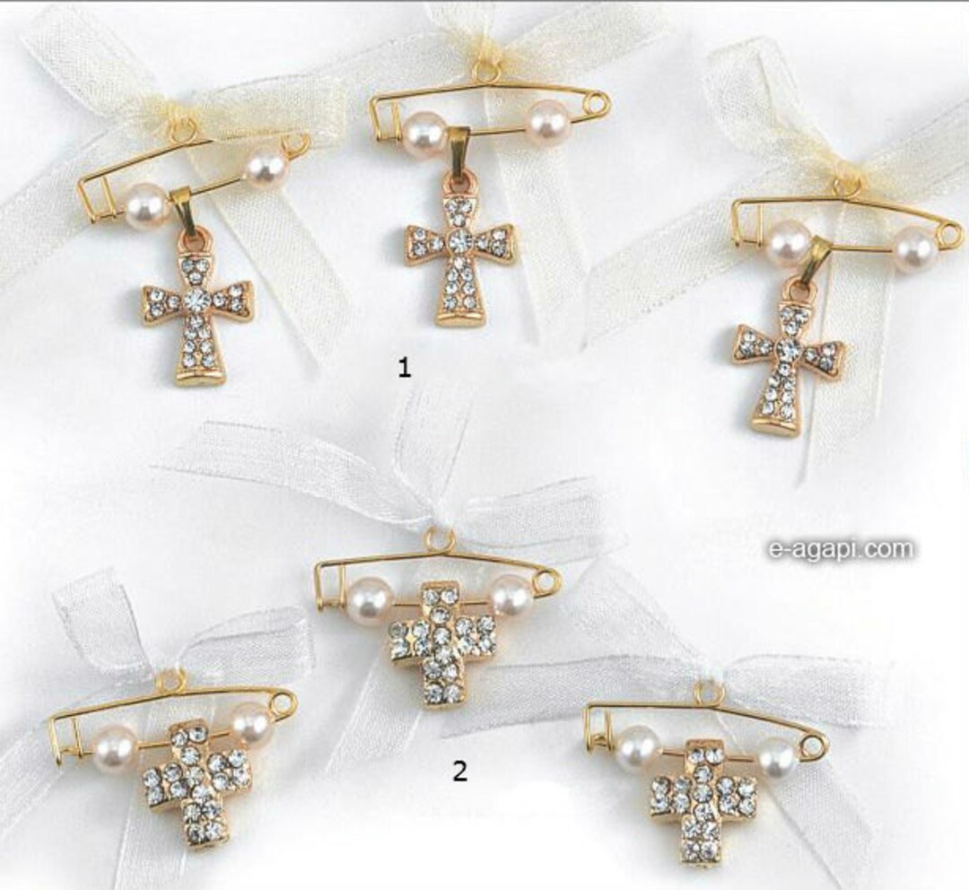 Gold Wedding Pins Pearls Rhinestone Cross Safety Pins Witness Pins ...