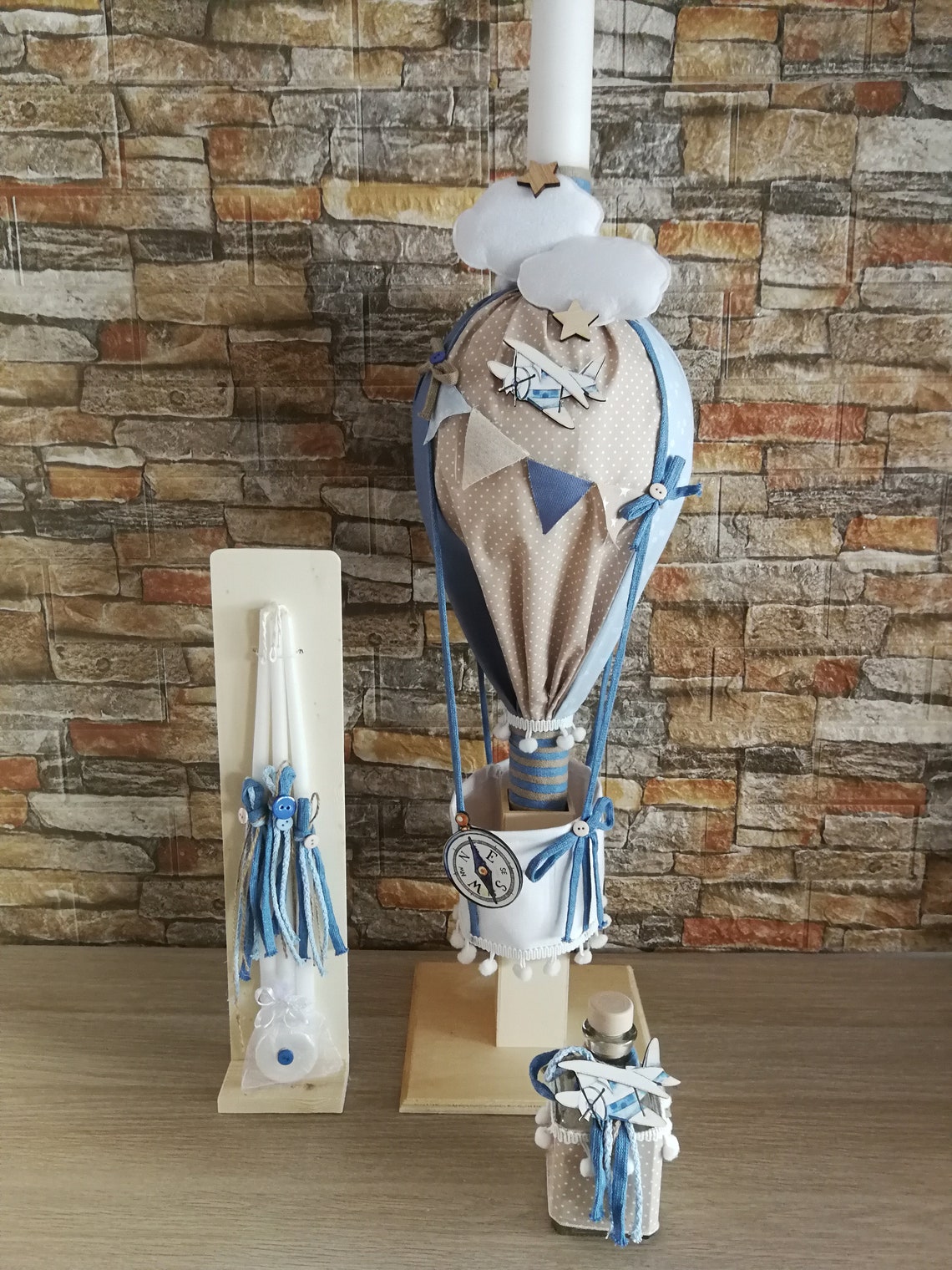 AIRBALLOON Greek Baptism Style Baby Boy Christening Candle Towel Set ...