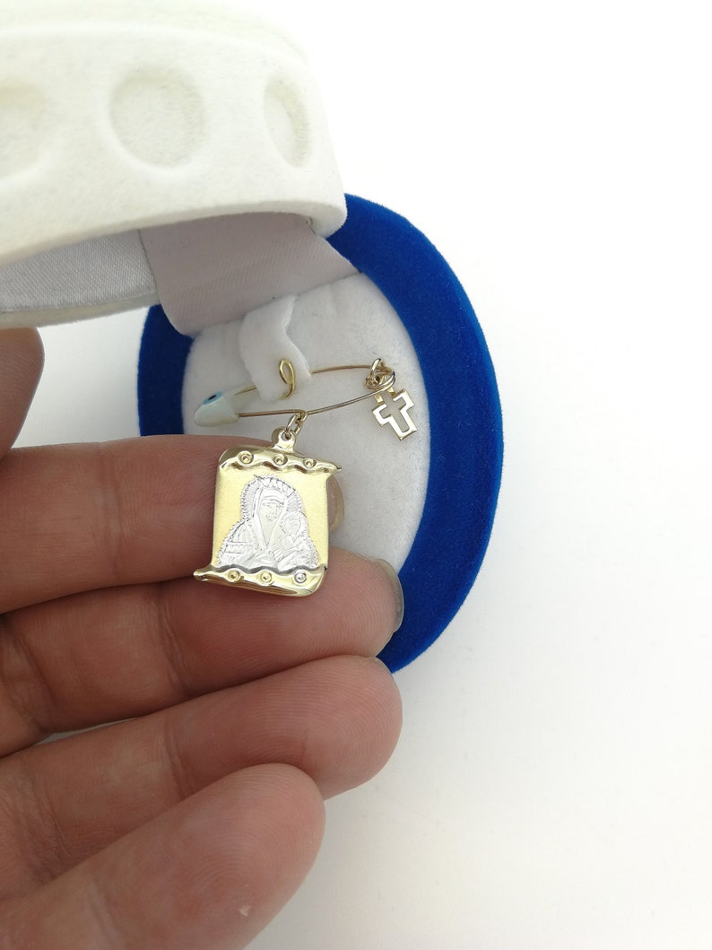 14k gold Religious safety pin cross evil eye Greek baptism | Etsy