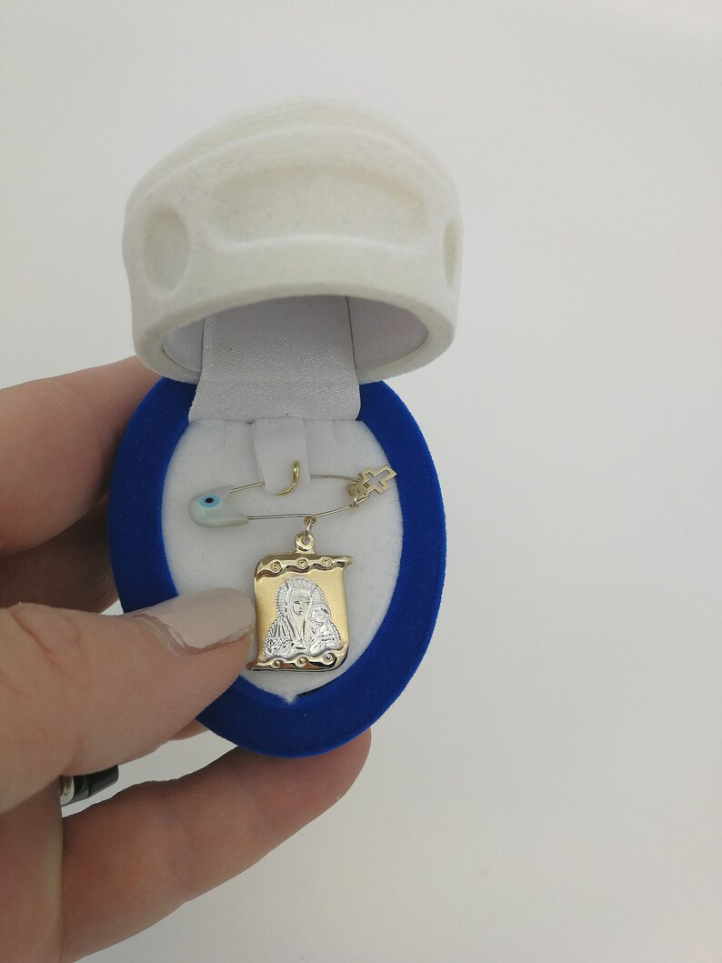 14k gold Religious safety pin cross evil eye Greek baptism | Etsy