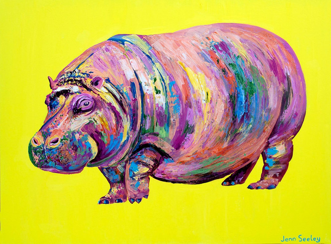 Hippo Art Print, Colorful Yellow Hippo Art Print, Hippo Art, Hippo ...