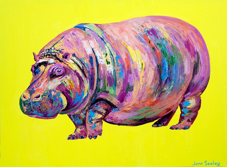 Hippo Art Print, Colorful Yellow Hippo Art Print, Hippo Art, Hippo ...