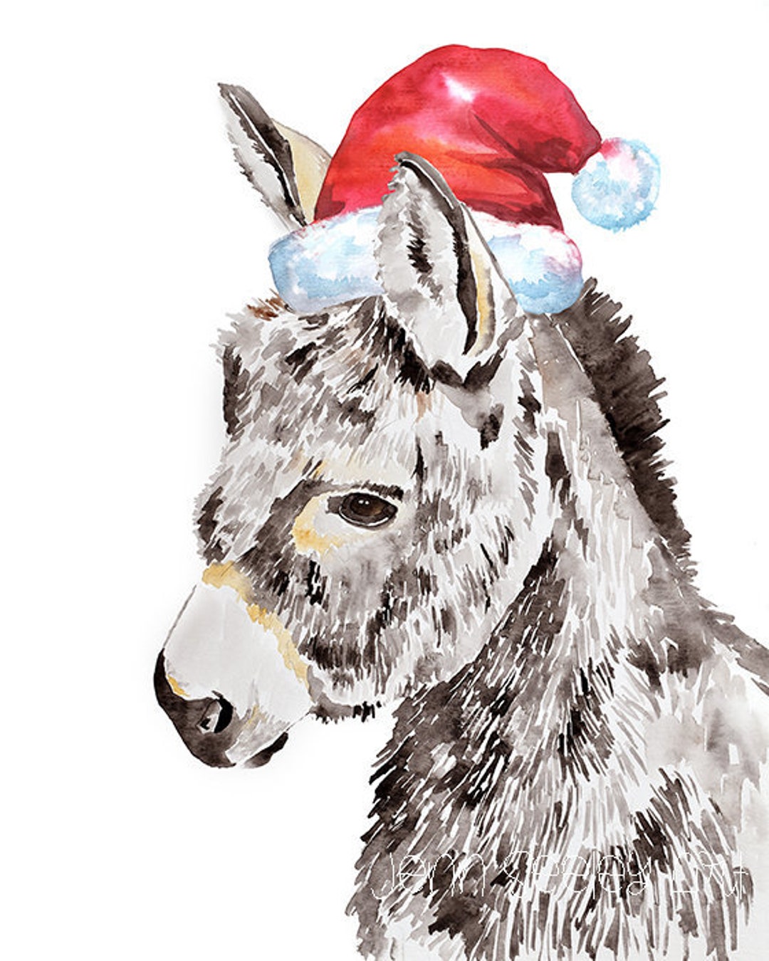 Donkey With Santa Hat Watercolor Art Print 8.5 X 11, 8 X 10 - Etsy