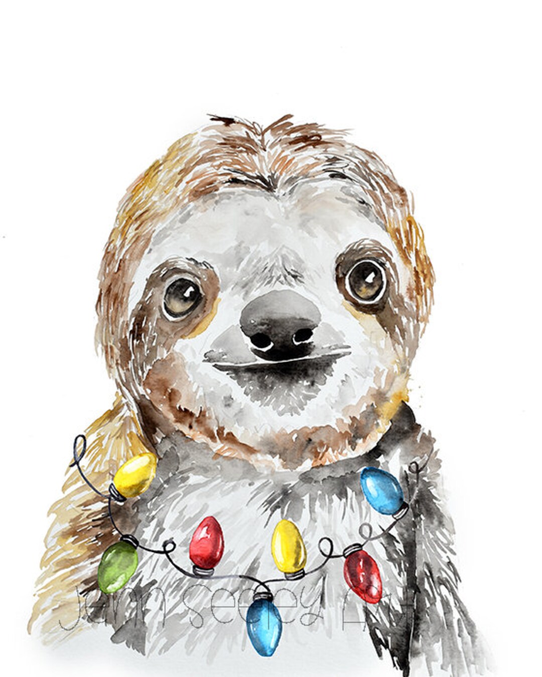 Sloth With Christmas Holiday Lights Watercolor Art Print 8.5 X 11, 8 X ...