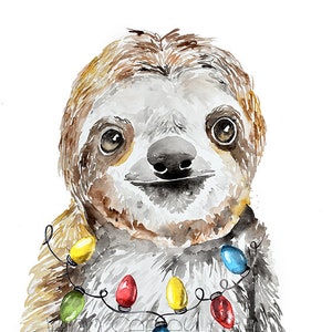 Sloth With Christmas Holiday Lights Watercolor Art Print 8.5 X 11, 8 X ...
