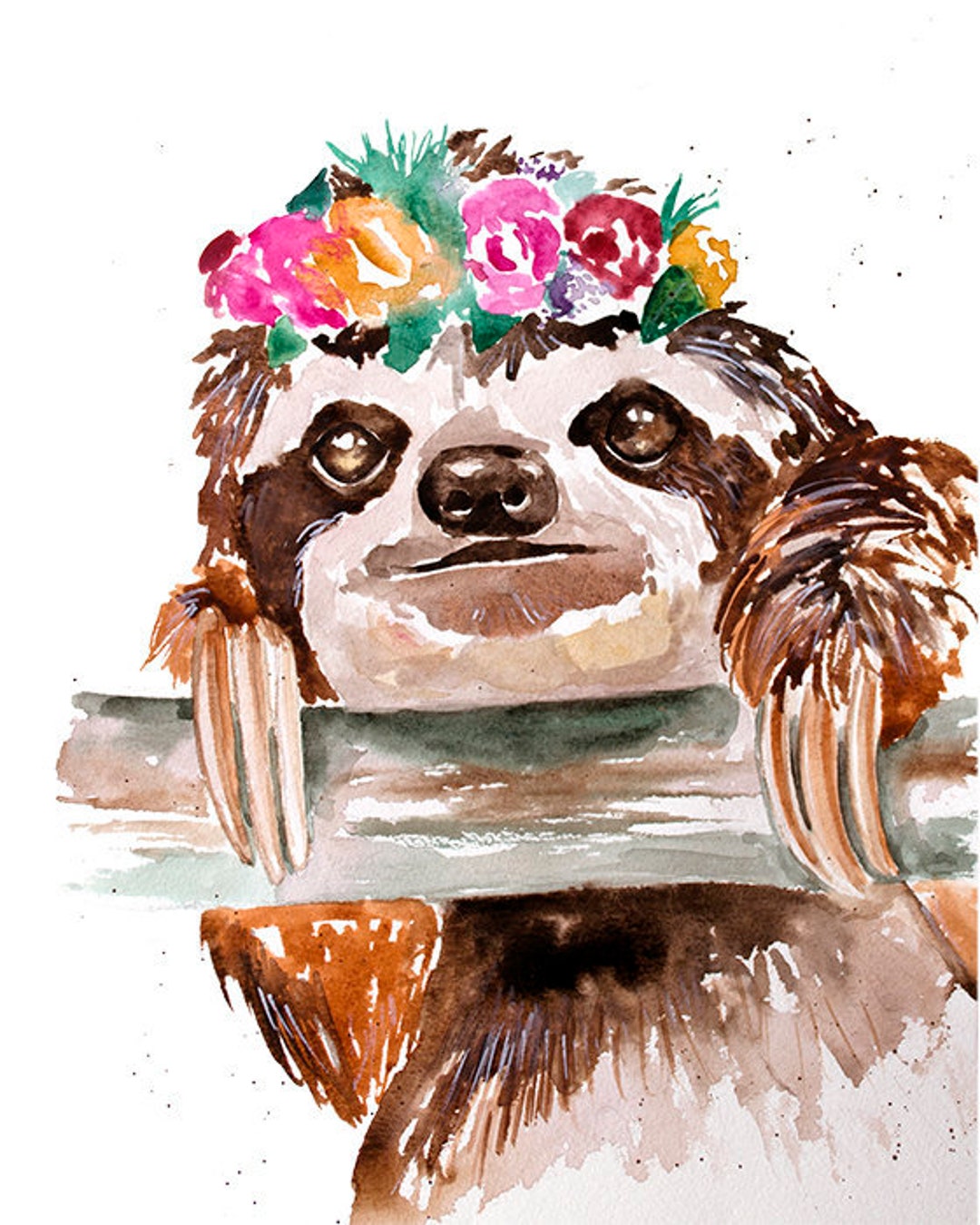 Flower Crown Sloth Art Print, Sloth Art, Sloth Watercolor, Watercolor ...