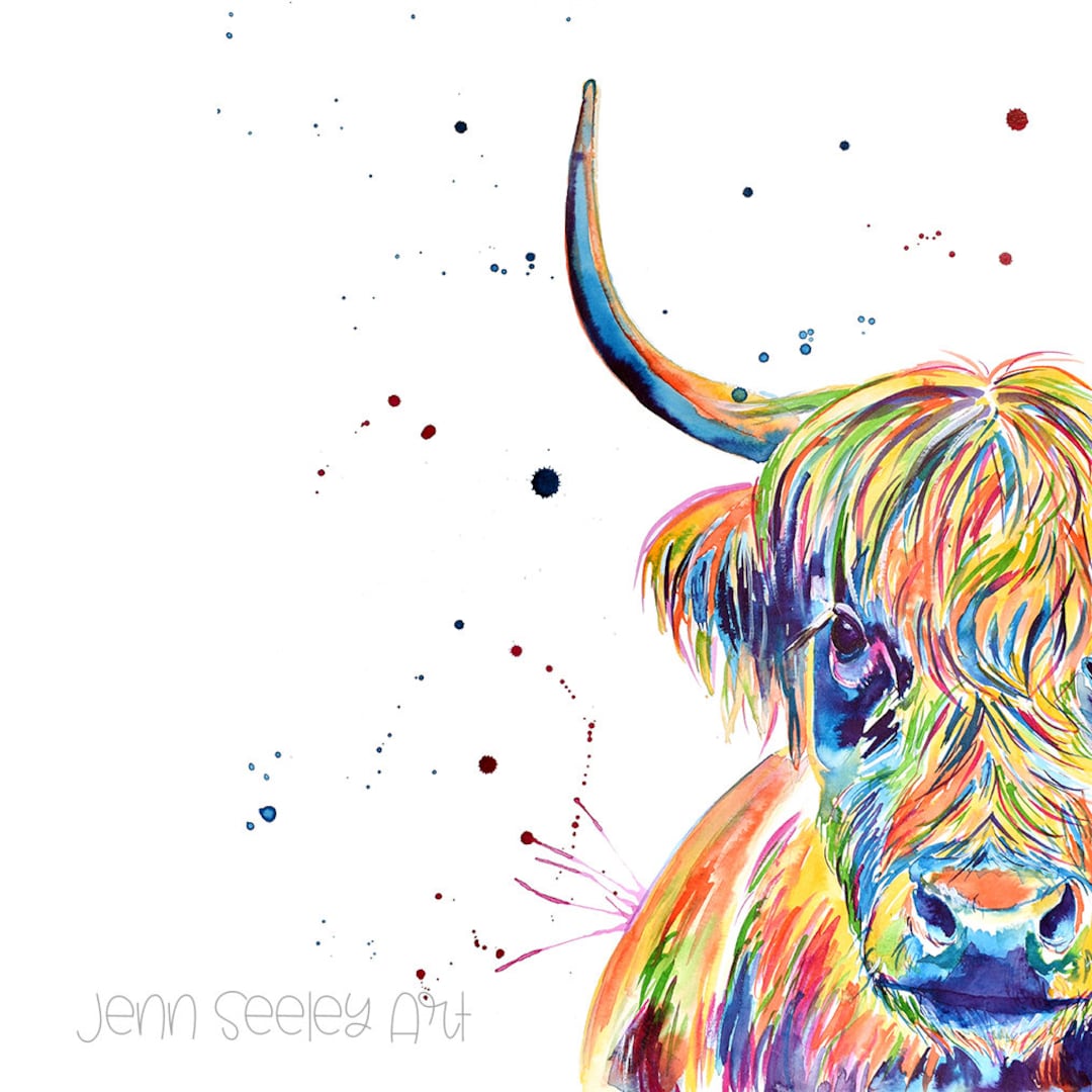 Colorful Highland Cow Watercolor Art Print - Etsy