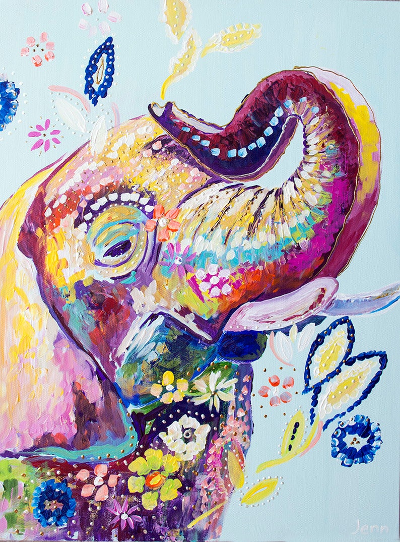 Daisy Colorful Elephant, Whimsical Elephant, Nursery Elephant, Nursery ...