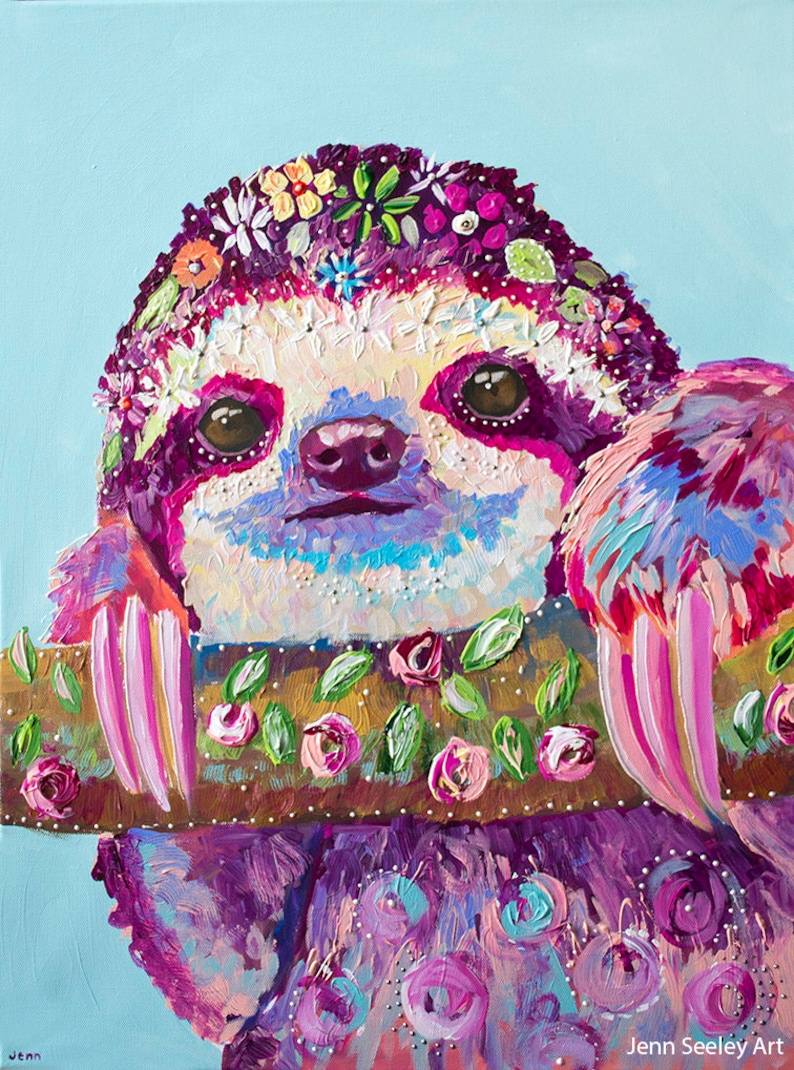 Daisy Sloth, Sloth Print, Sloth Art, Colorful Sloth, Pink Sloth Print ...