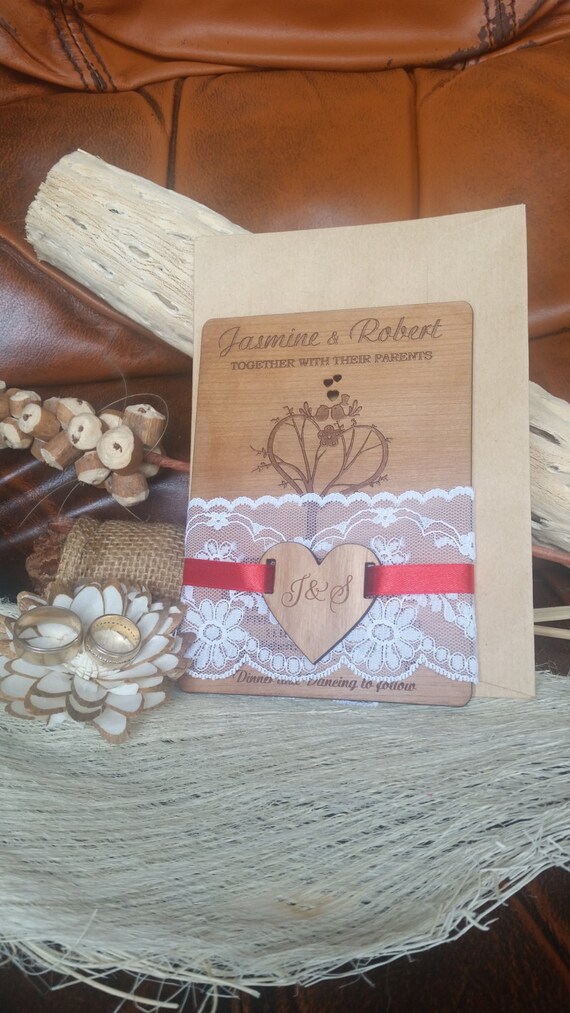 Rustic Themed Wedding Invitations With Red Bow Lace RSVP | Etsy