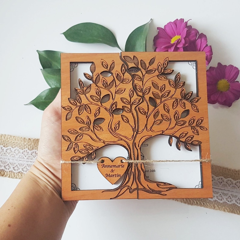 Personalized Wooden Wedding Invitation – Rustic Laser Cut Tree Design ...