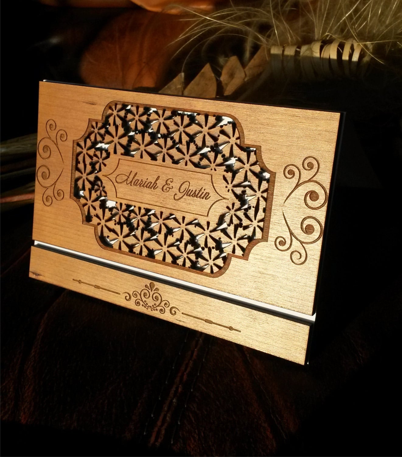 Laser Cut Cherry Wood Wedding Invitation, Floral Rustic Design - Etsy