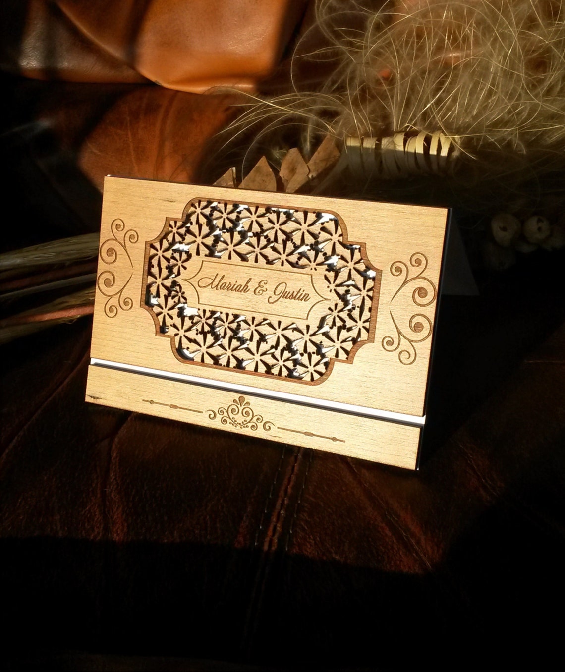 Laser Cut Cherry Wood Wedding Invitation, Floral Rustic Design - Etsy