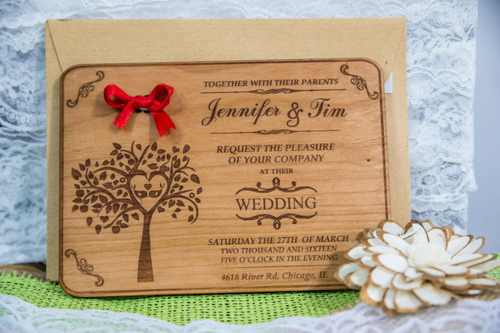 Laser Cut Tree Wedding Invitation Set of 10, Engraved Wood Wedding ...