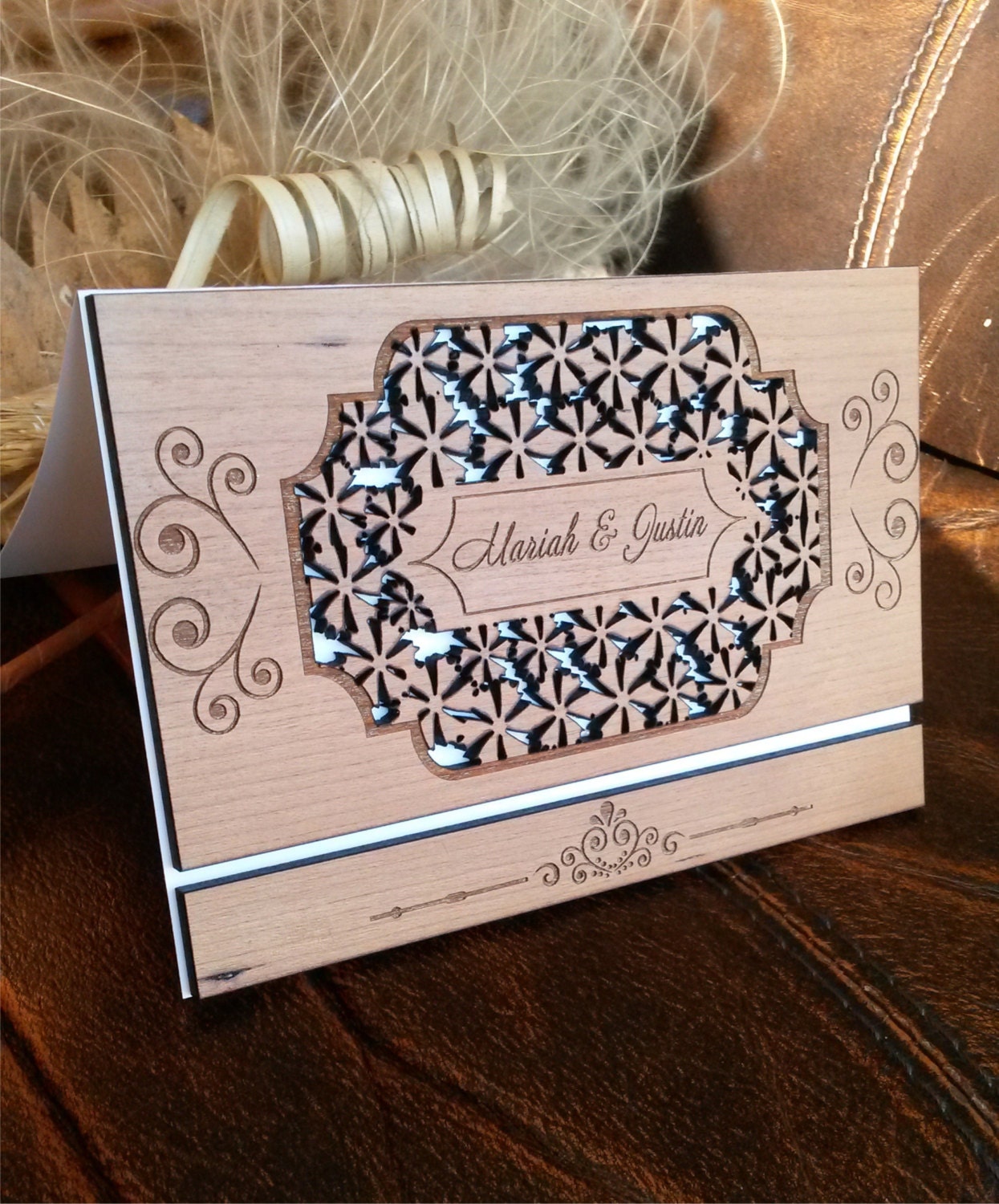 Laser Cut Cherry Wood Wedding Invitation, Floral Rustic Design - Etsy
