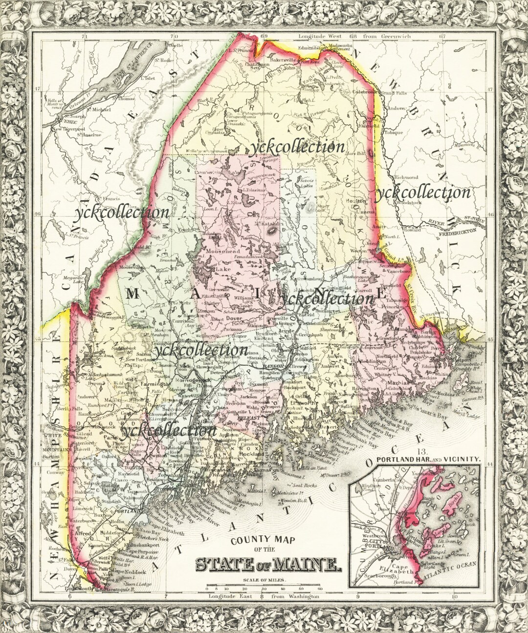 Antique Map of Maine 8” X 10” to 28” X 36” Pixels Vintage (1863) Map in ...