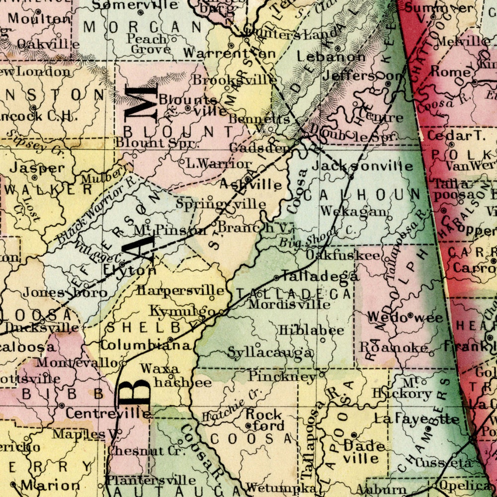 Antique Map of Georgia and Alabama (1863) 8” X 10” to 32” X 40” 300 Dpi ...