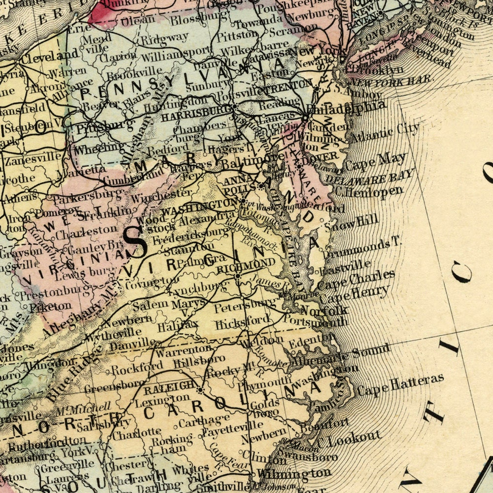 Antique Map of United States-1863 Ultra High Resolution 8” X 10” to 40 ...