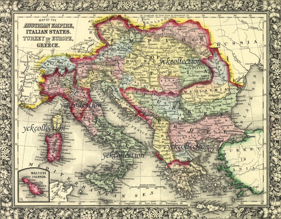 Antique Europe Map: Austrian Empire, Italy, Greece, Turkey (1863 ...