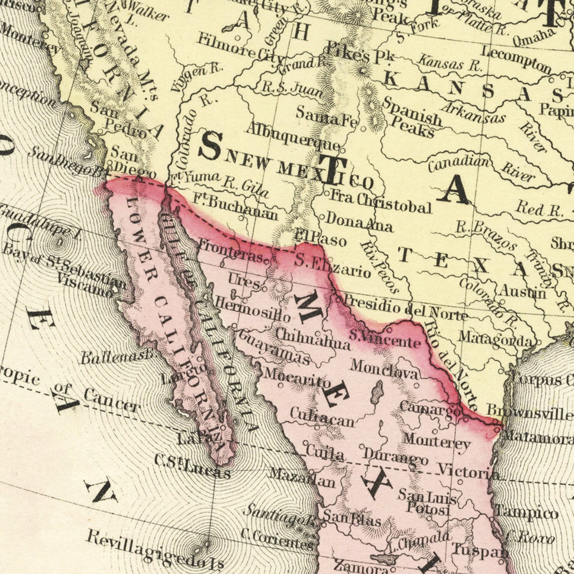 Mapa antiguo de América del Norte 8 x 10 a 32 x 40 píxeles Vintage 1863 Mapa en ultra alta ...