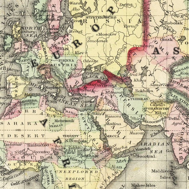 Antique World Map 8” X 10” to 40” X 52” Vintage (1863) Map in Ultra High Resolution Instant ...