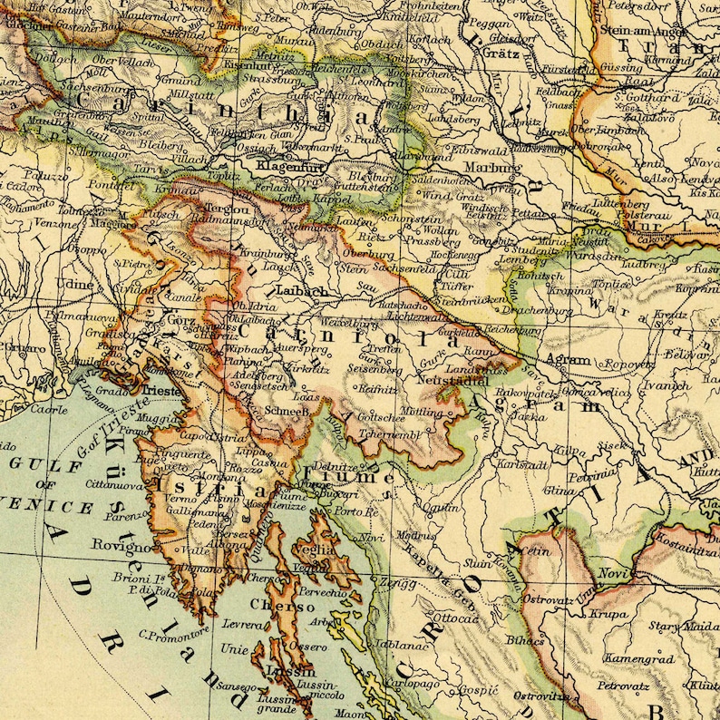 Mapa antigo do Império Austro-Húngaro (1887) Ultra alta resolução 8 "x ...