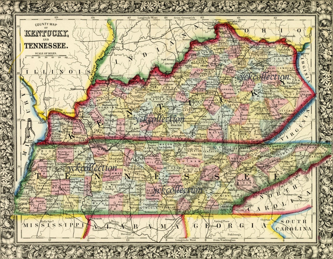 Antique Kentucky and Tennessee Map (1863) 8” X 10” to 28” X 36” Pixels ...