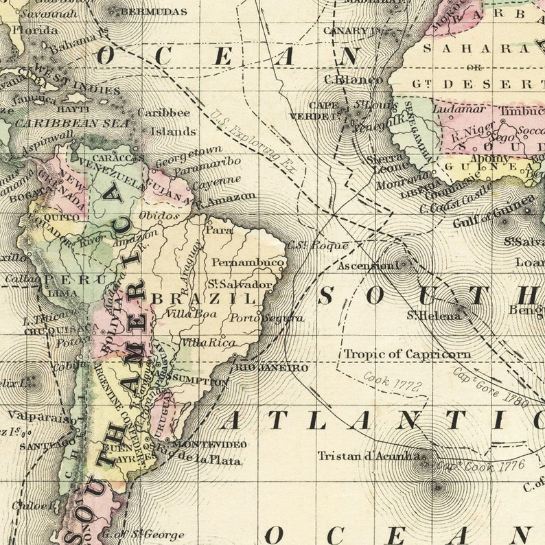 Antique World Map 8” X 10” to 40” X 52” Vintage (1863) Map in Ultra High Resolution Instant ...