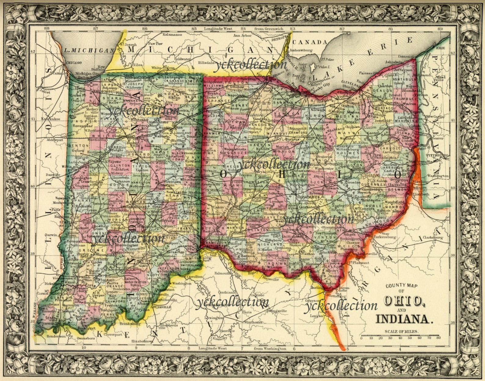 Antique Map of Ohio and Indiana (1863) 8” X 10” to 32” X 40” 300 Dpi ...