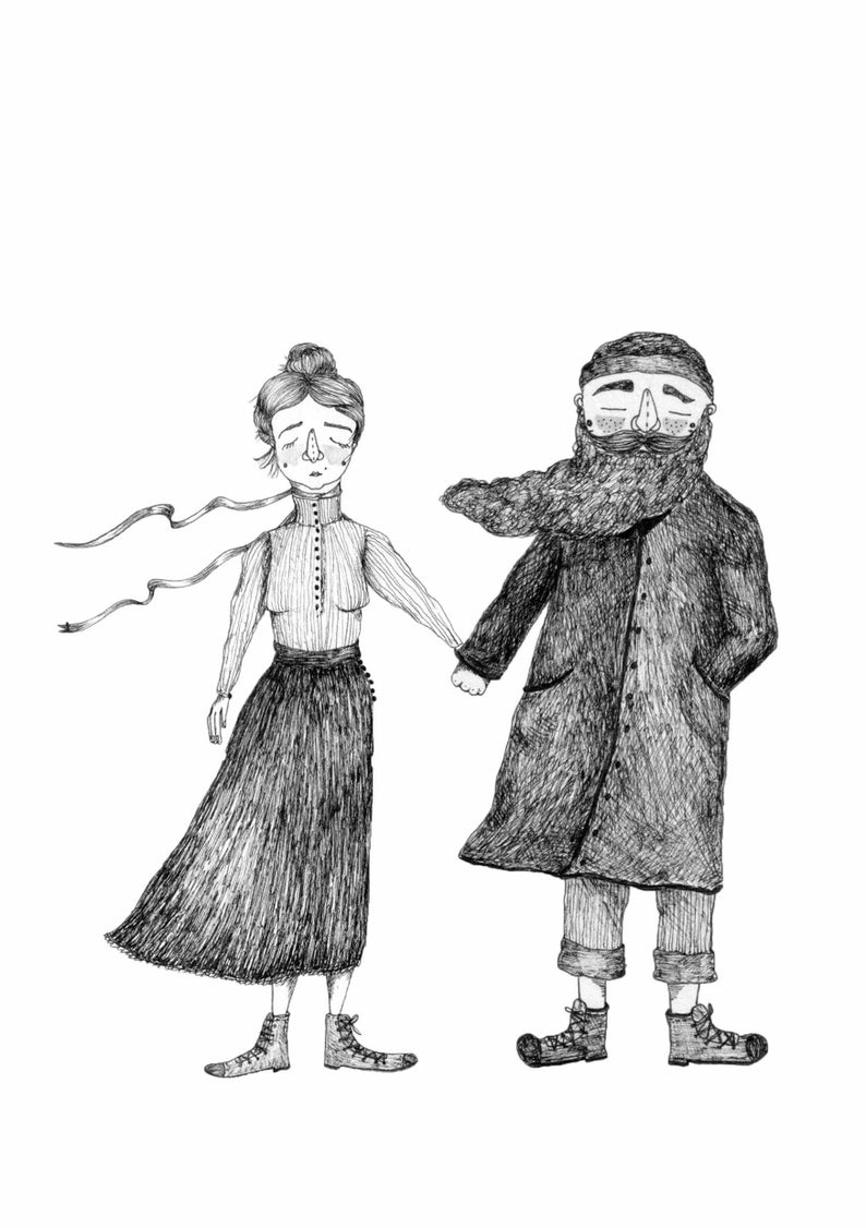 Windy Couple Victorian Illustration Drawing Beard Print - Etsy