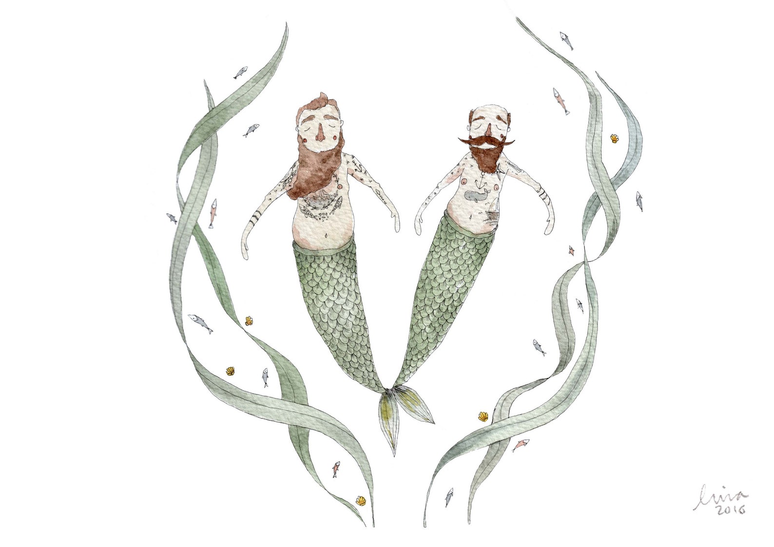 Mermen Mermaid Couple Illustration Print Underwater World - Etsy