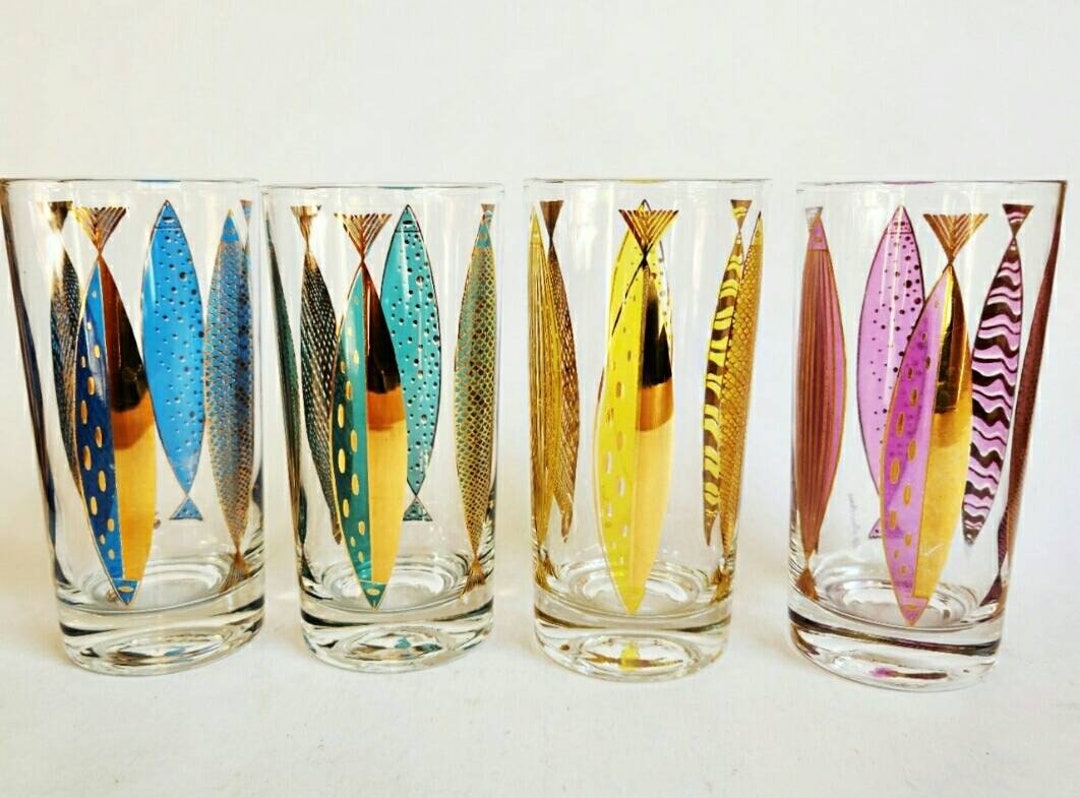 Vintage Fred Press Glasses Fish Mid Century Gold Highballs - Etsy