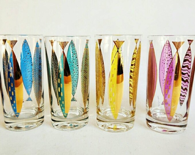Vintage Fred Press Glasses, Fish, Mid Century, Gold, Highballs - Etsy