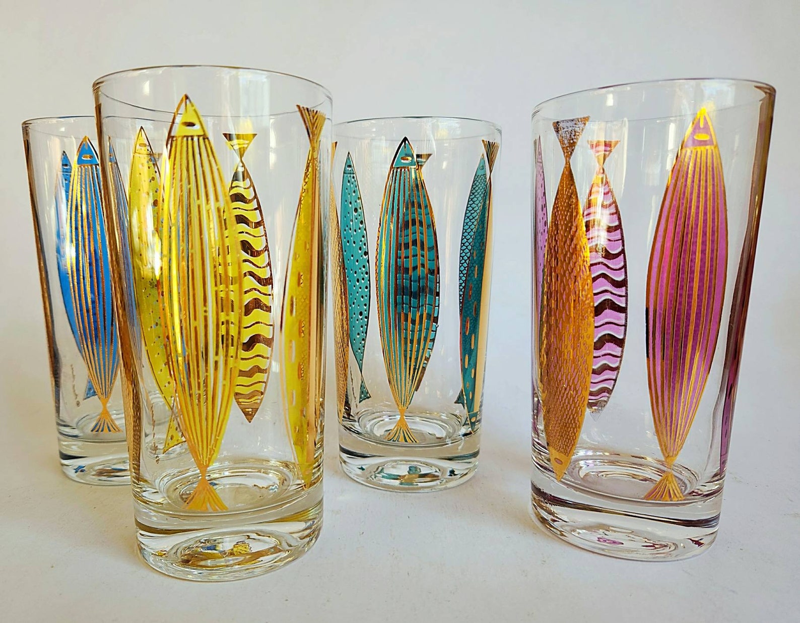 Vintage Fred Press Glasses Fish Mid Century Gold Highballs - Etsy