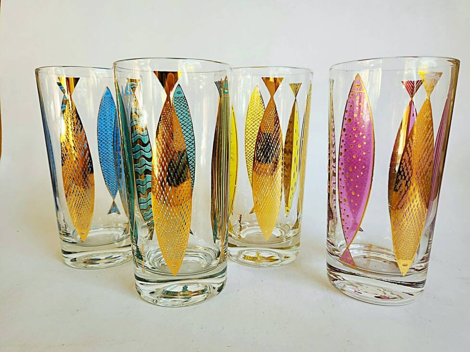 Vintage Fred Press Glasses Fish Mid Century Gold Highballs - Etsy