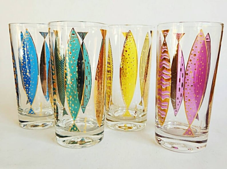 Vintage Fred Press Glasses Fish Mid Century Gold Highballs - Etsy