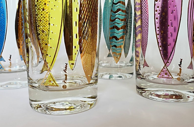 Vintage Fred Press Glasses Fish Mid Century Gold Highballs - Etsy
