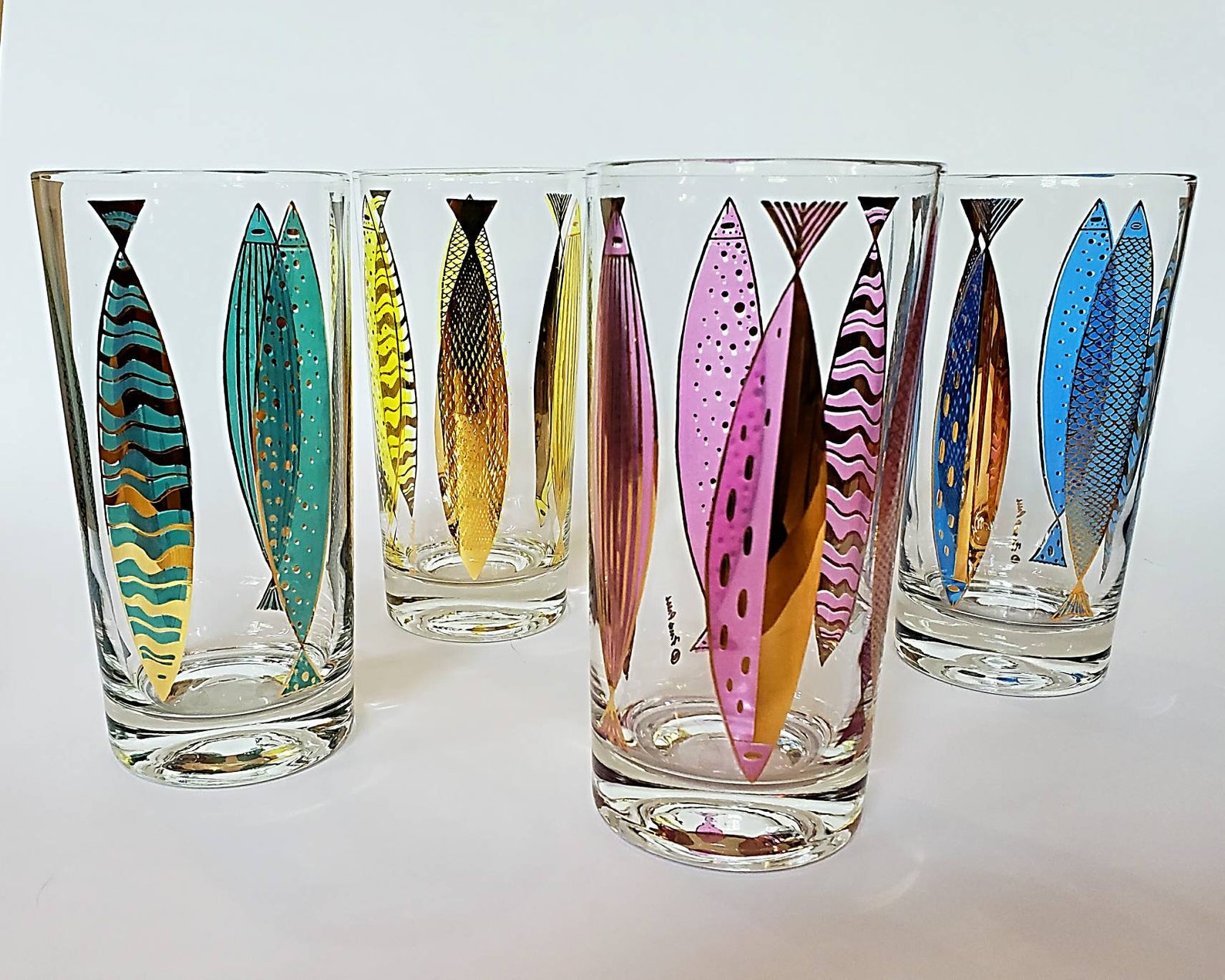Vintage Fred Press Glasses Fish Mid Century Gold Highballs - Etsy