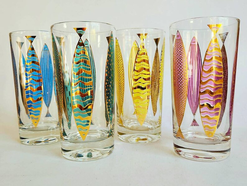 Vintage Fred Press Glasses Fish Mid Century Gold Highballs - Etsy