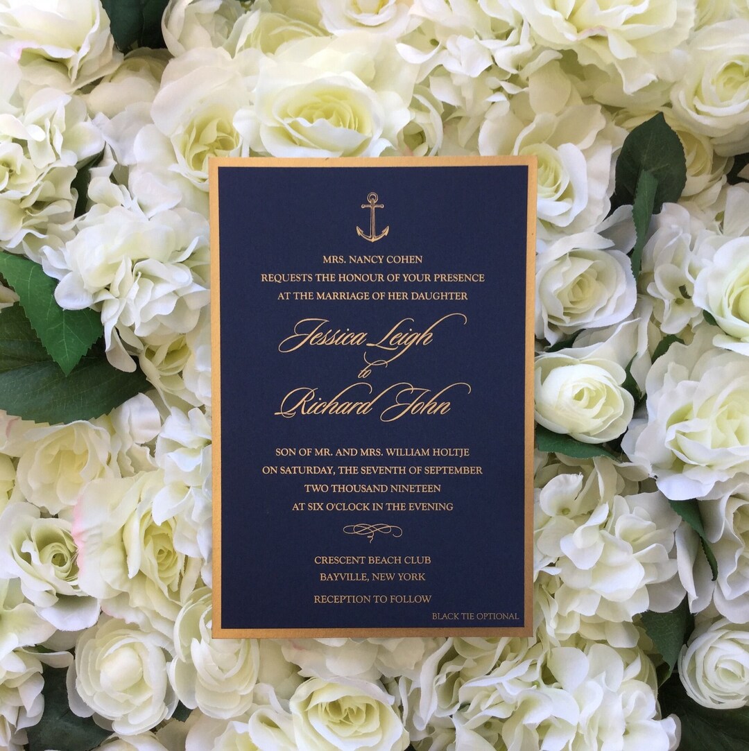 Navy Blue & Gold Invitation, Beach Wedding Invite, Navy and Gold Beach ...