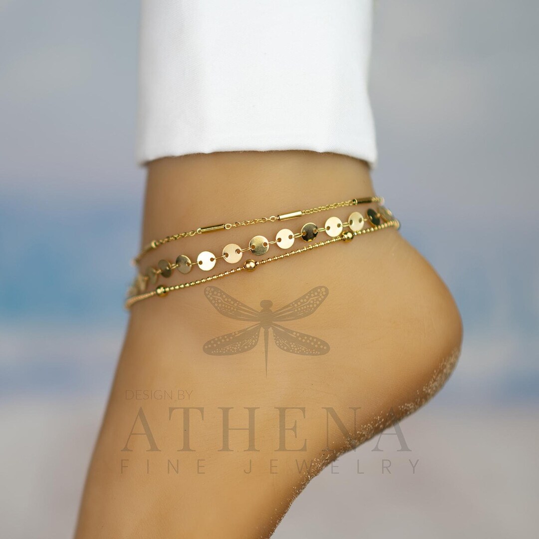 3 Anklet Set in Stainless Steel or Sterling Silver, Coin Chain, Boho Chic, Gold Anklet - Etsy UK
