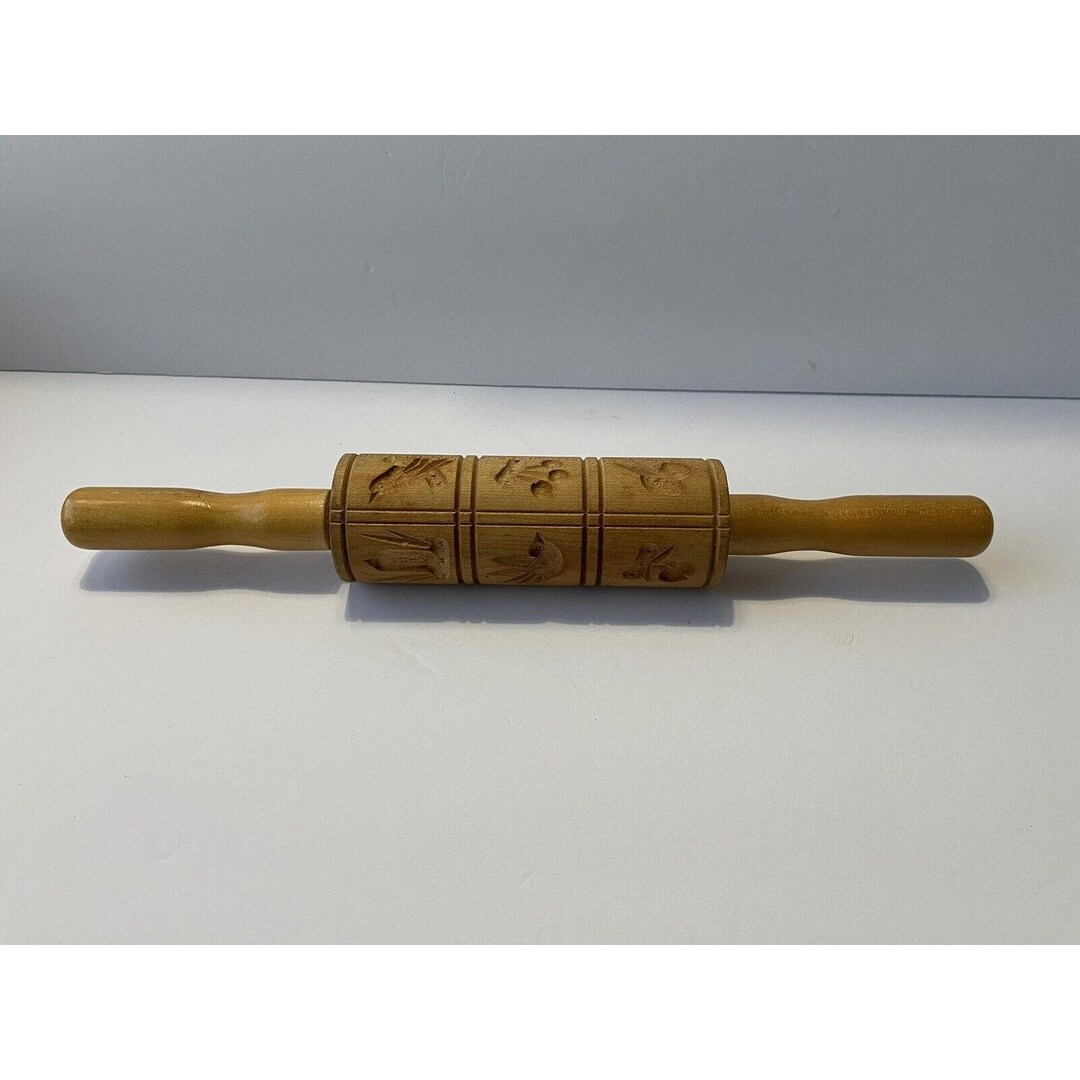 German Springerle Carved Wood Cookie Rolling Pin Birds Fruit Fish 14.25 ...