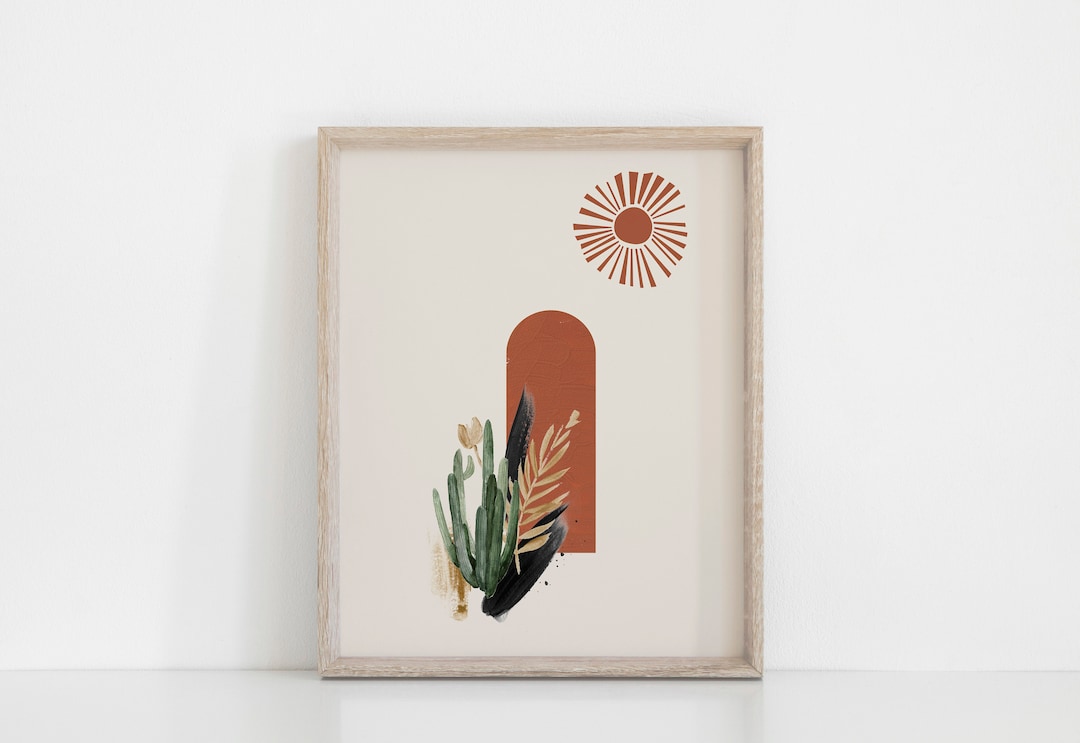 Earthy Tone Abstract Boho Art Print, Desert Cactus Sun Wall Art Print ...