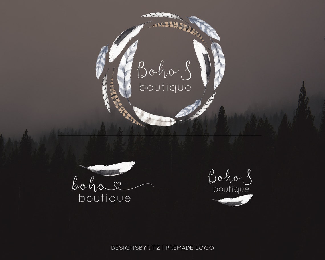 Boho Logo, Premade Logo Design, Photography Logo and Watermark, Feather ...