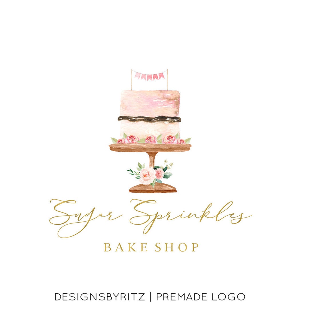 Premade Cake Logo Design, Baker Logo and Branding, Floral Watercolor ...