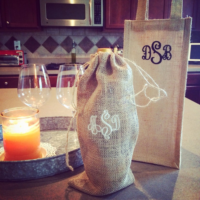 Embroidered Monogrammed Burlap Wine Bag Great Wedding - Etsy