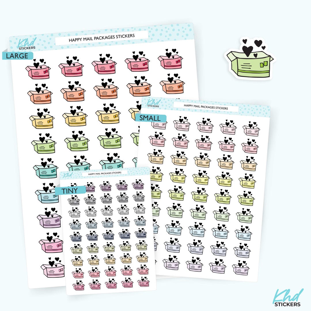 Happy Mail Packages Planner Stickers, Three Sizes Including Tiny ...
