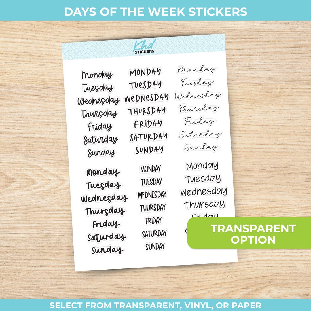 Days of the Week Stickers, Planner Stickers, Transparent or White ...